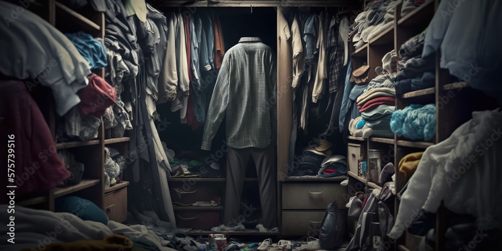 Cluttered closet with clothes spilling out with person standing in ...