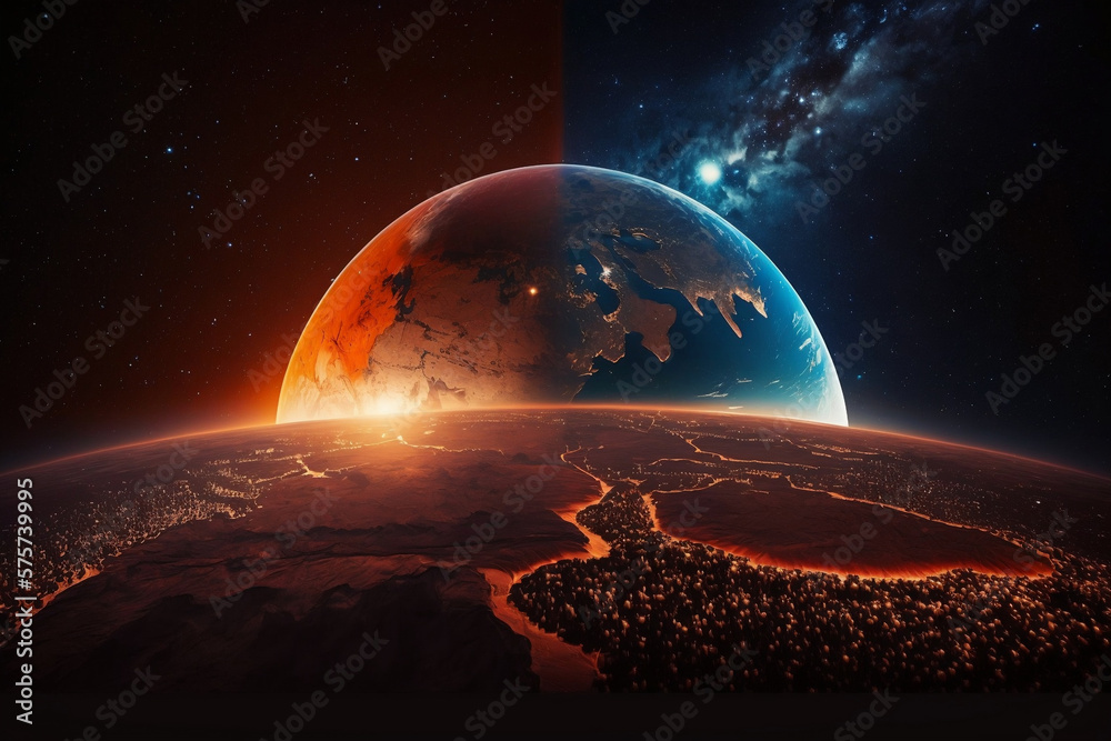 View of Earth from orbit with city lights at night. Mars in its red ...