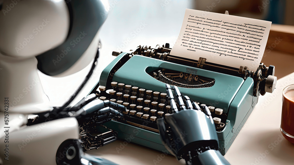 back view of cyborg robot writing a story using old typewriter with ...