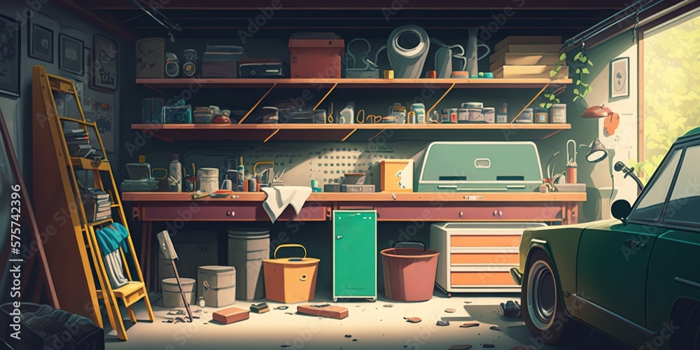 garage with various items and tools scattered about but with the end ...