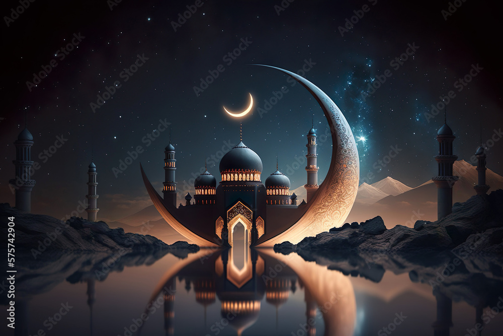 Ramadan kareem and Ramadane mubarak. Shiny Exquisite Crescent Moon With ...