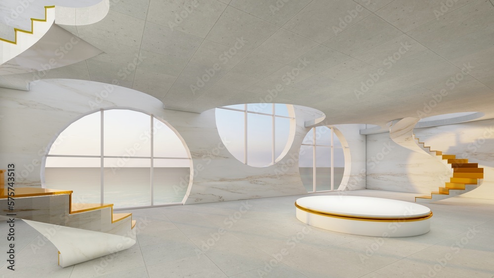 Architecture background interior with curved stairs and round windows ...