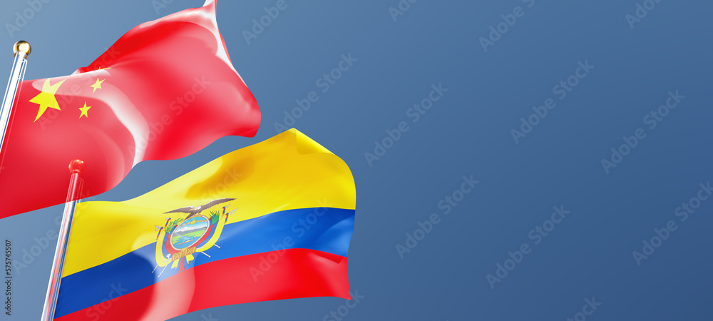 china and ecuador flags waving in the wind against a blue sky mockup ...