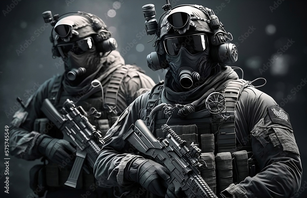 Special forces soldiers in full gear. AI generated illustration. Stock ...