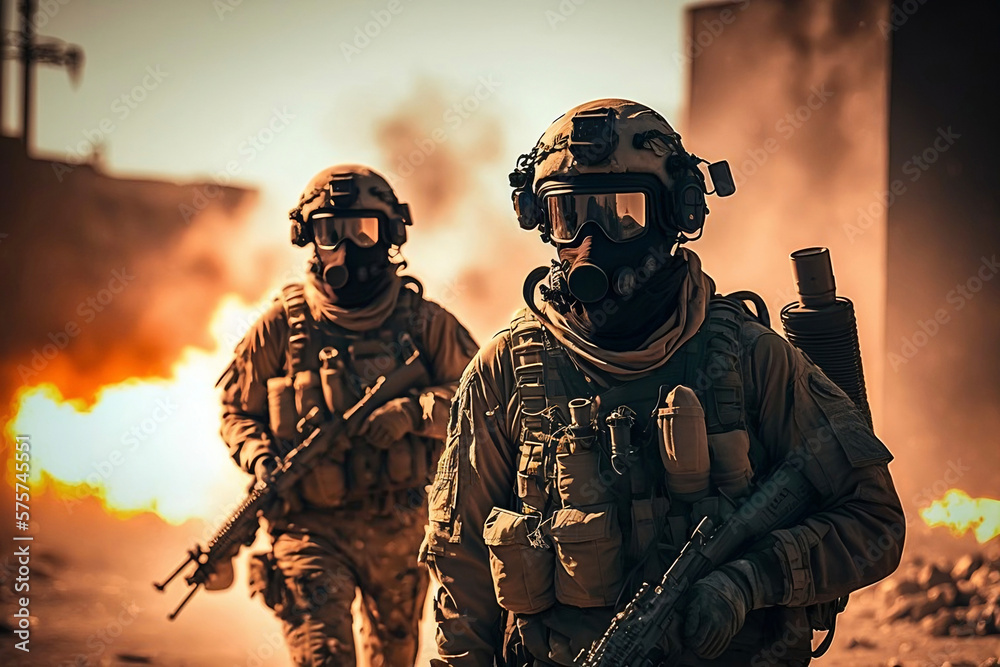 Two special forces soldiers in gas masks and full gear walking away ...