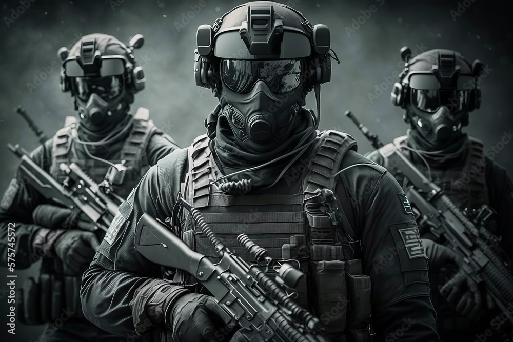 Special forces soldiers in full gear. AI generated illustration. Stock ...