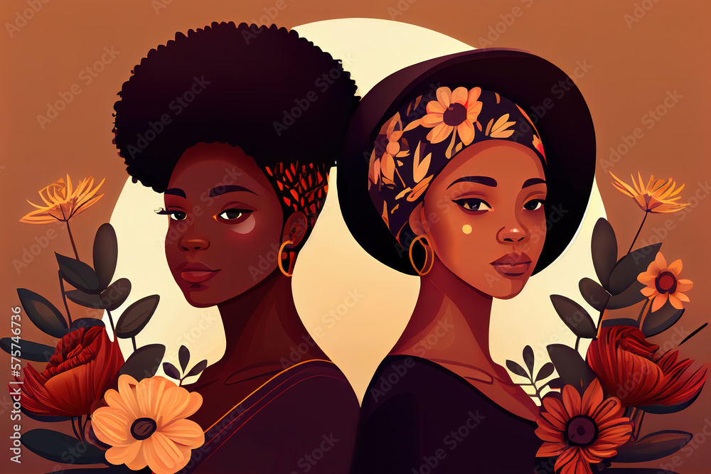 Two beautiful black women stand together. Strong African American girls ...