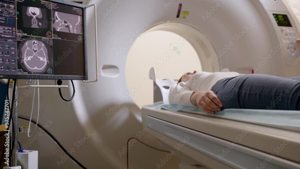 4k video computed tomography CT scan process for examination of spine ...