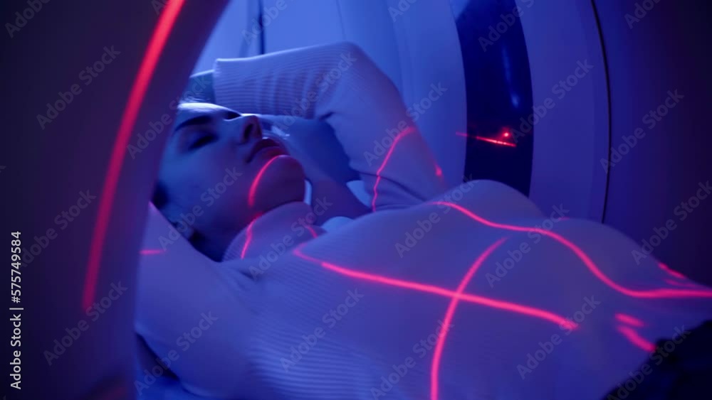 4k video CT scanning of abdomen of woman in medical clinic. Girl ...