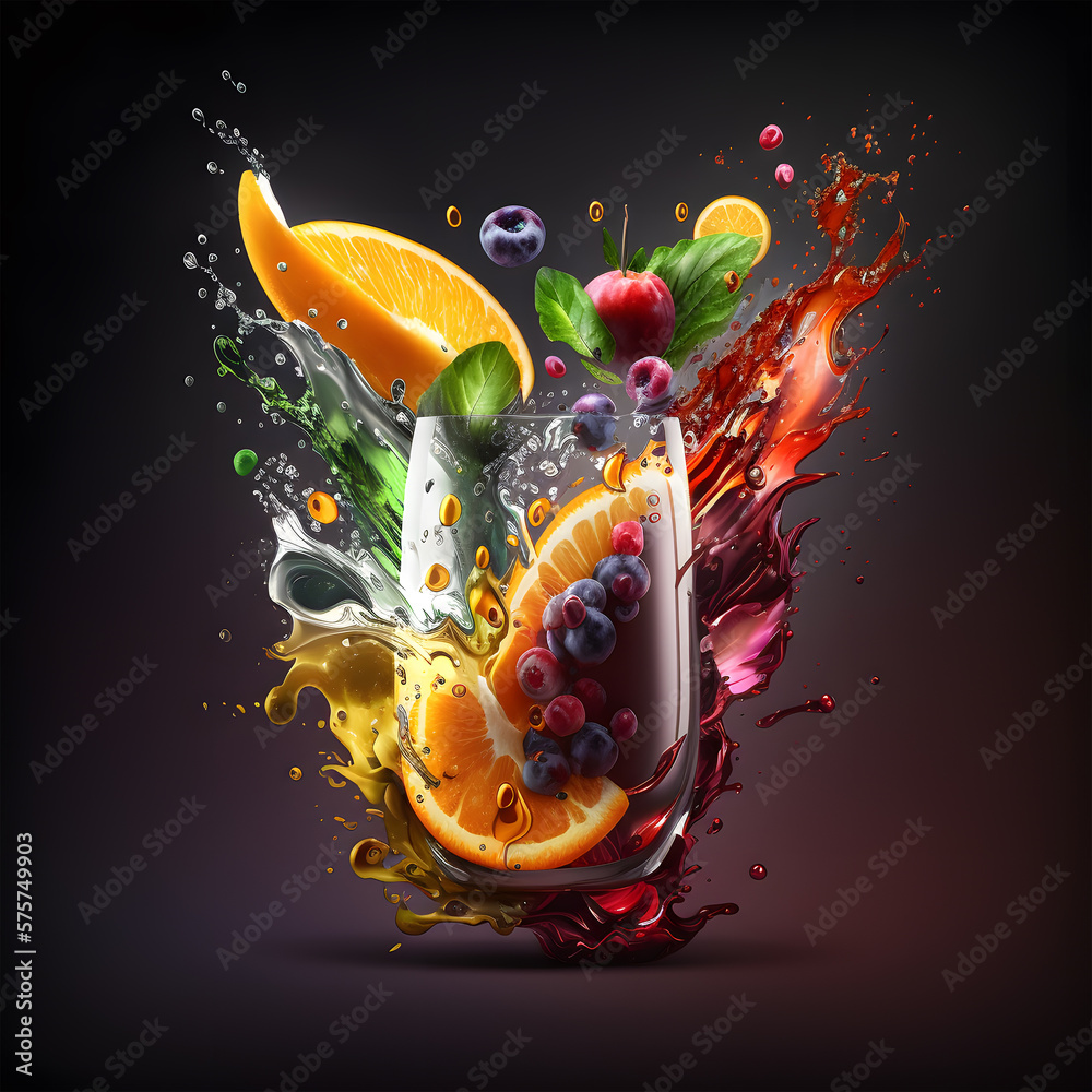 Colorful juice splash. Glass with splashes of juice. Explosion of juice ...
