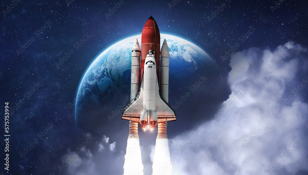 Space shuttle rocket in deep space with clouds and Earth planet ...