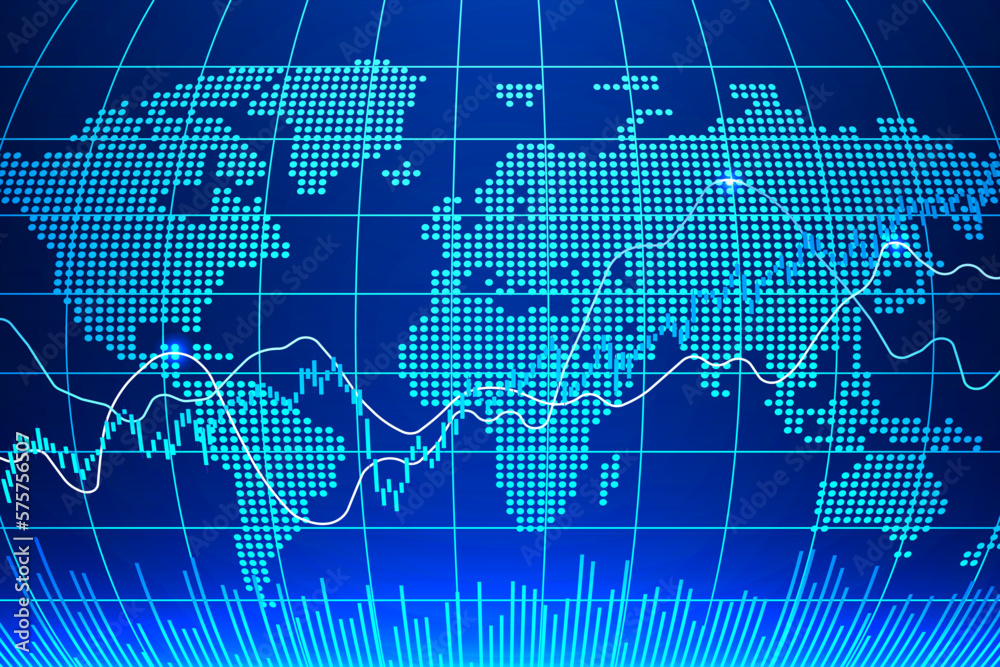 Candlestick chart, line graph and bar chart. World stock market index ...