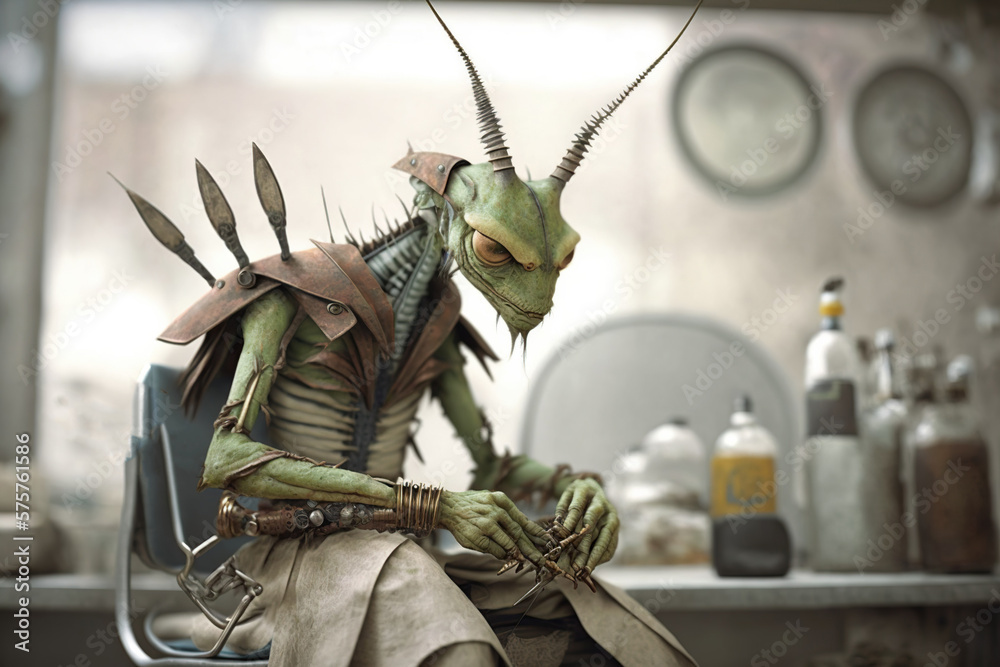 Mantis dressed as a barber, concept of Costume Play and Cross-Dressing ...