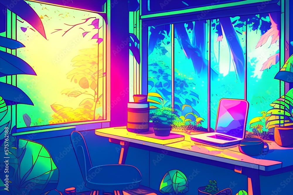 Lofi empty interior. Messy desk, window view of a forest, jungle. Anime ...