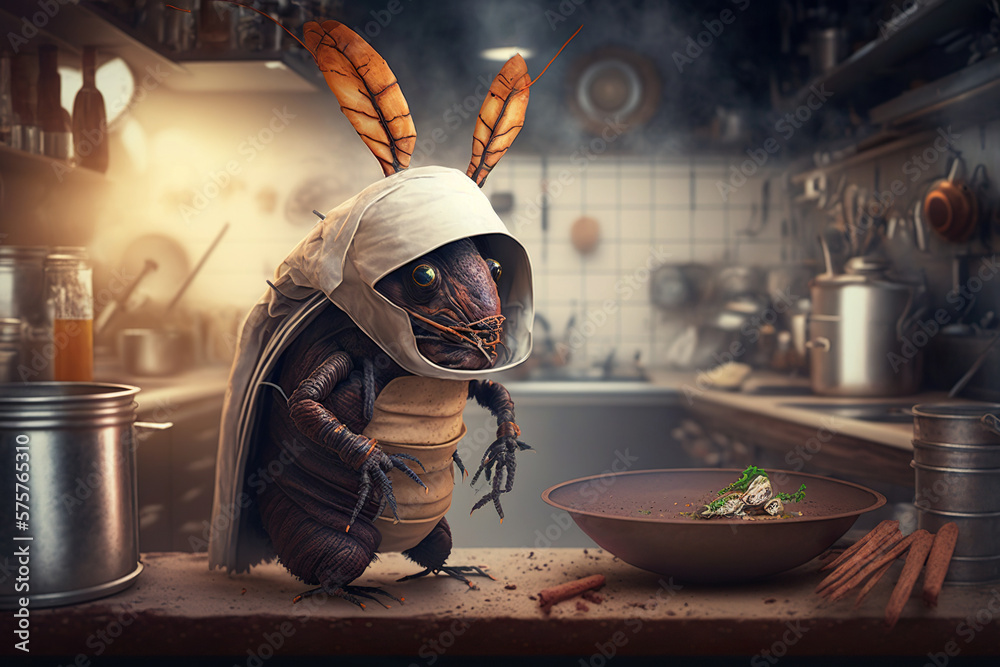 A cockroach dressed as a chef prepares food in a restaurant, concept of ...