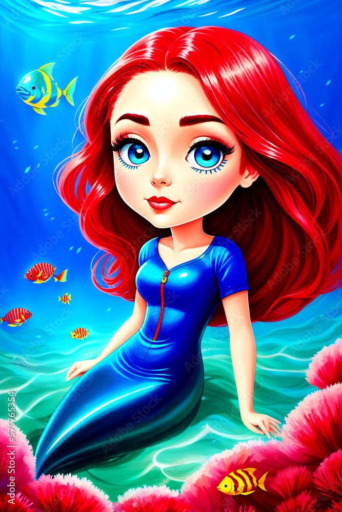 Young cute mermaid, cartoon character. Underwater scene. Humor ...