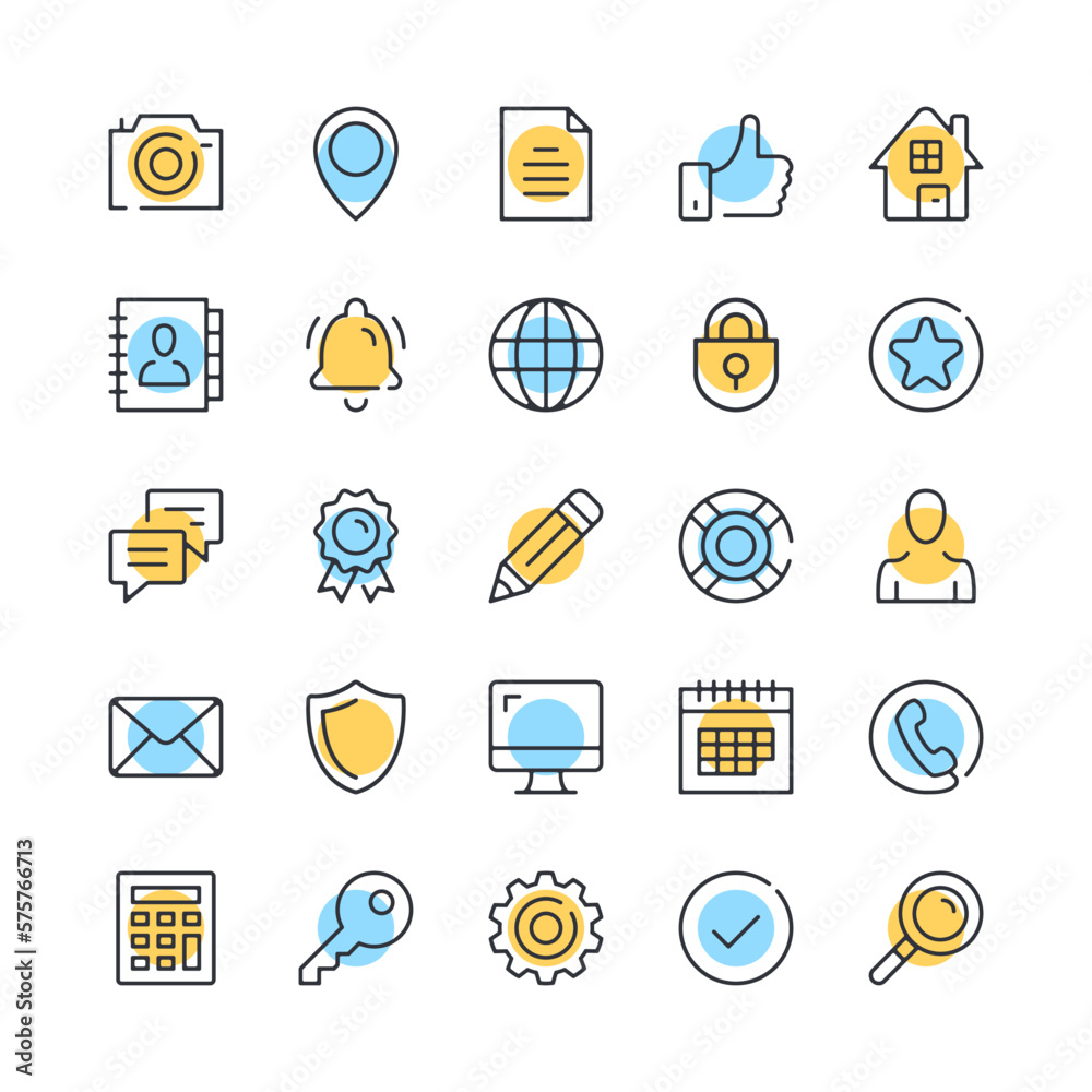 Basic line icons. Set of universal web icons. Black, blue and yellow ...