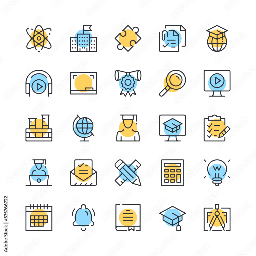 Education line icons. Set of learning icons. Black, blue and yellow ...