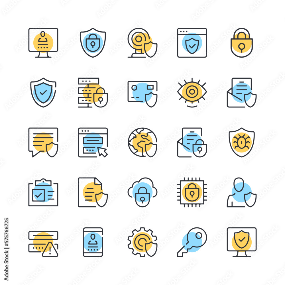 Data protection line icons. Set of cyber security icons. Black, blue and yellow colors. Modern ...