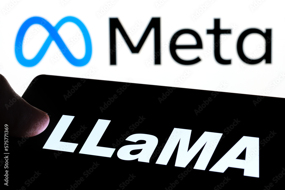 LLaMA letters seen on smartphone and blurred Meta company logo on ... LLaMA letters seen on smartphone and blurred Meta company logo on ...