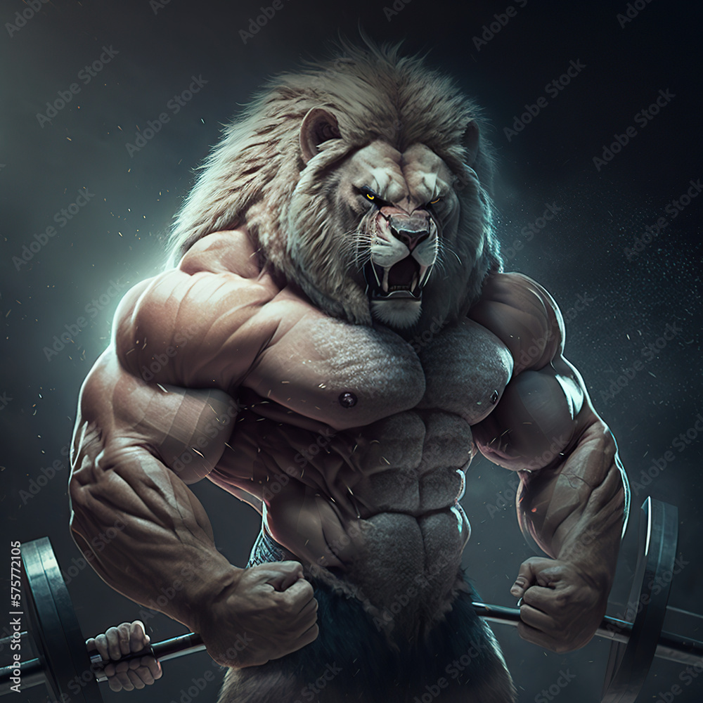 muscular bodybuilder with lion head and doing double biceps, generated ...
