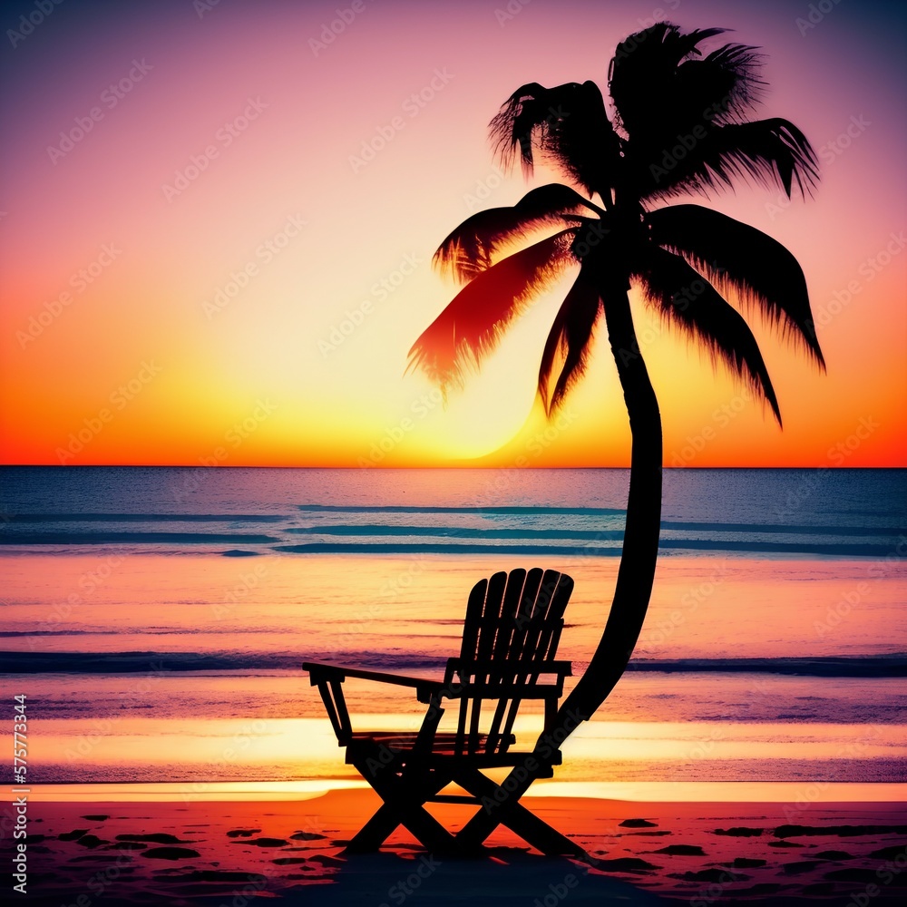 Silhouette palm tree on the beach with empty chair at sunset times ...