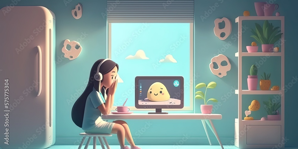 cute funny smiling girl working at computer simplified cartoon style ...