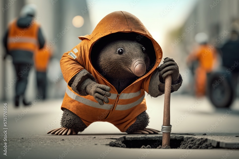 A mole in the clothes of a road worker, concept of Safety Gear and Hard ...