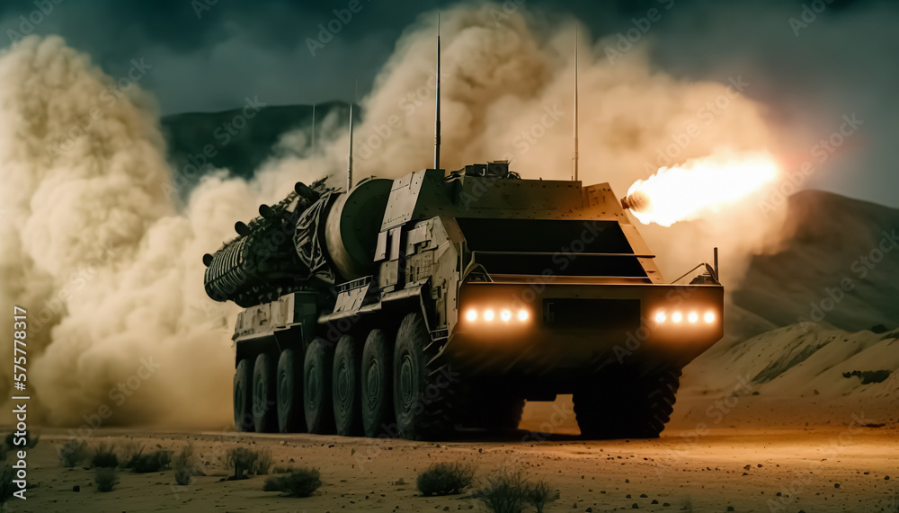 Artillery rocket systems fire at enemy positions at night. Multiple ...