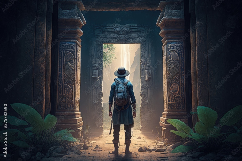 Explorer at ancient temple door in forest, temple lost in the jungle, Generative AI Stock ...