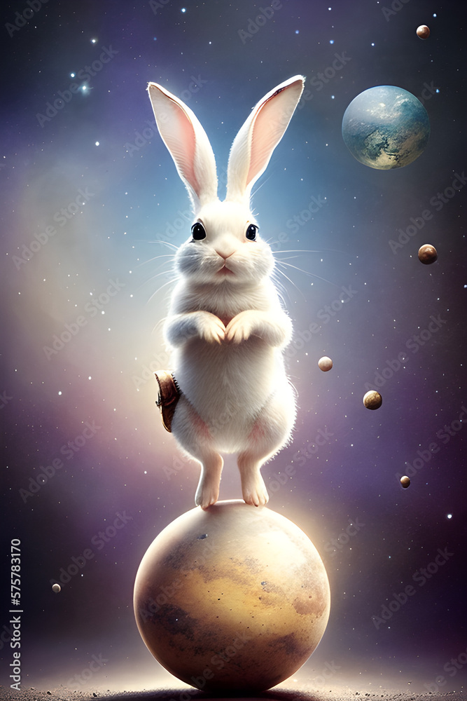 the cute and bunny stand on the space, fantasy and fantastic concept ...