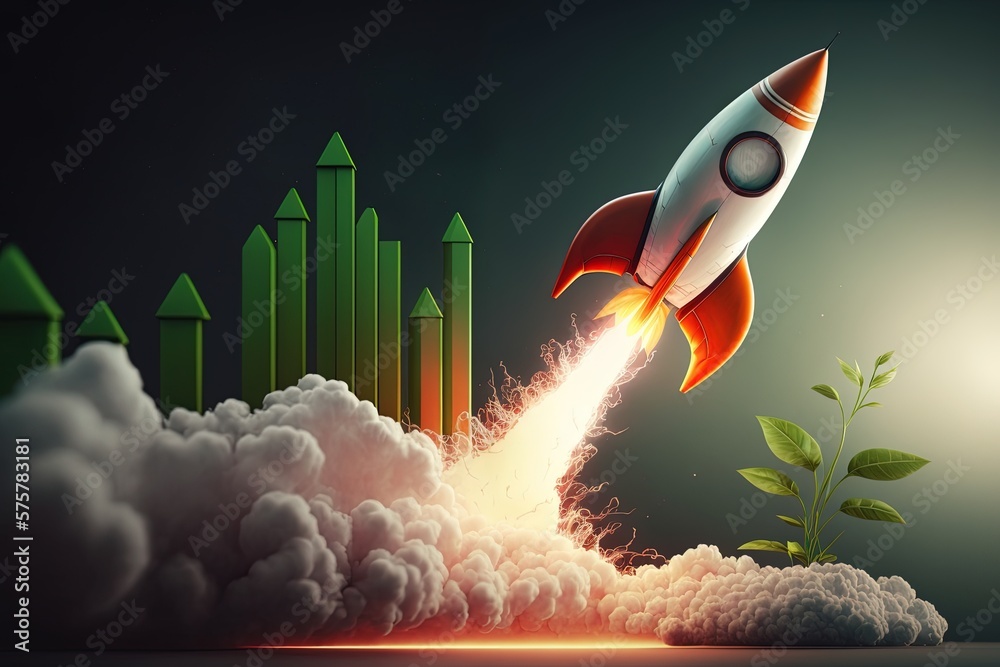 Rocket taking off and green bar graphs, successful startup concept ...