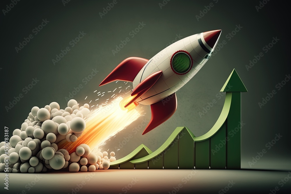 Rocket taking off and green bar graphs, successful startup concept ...
