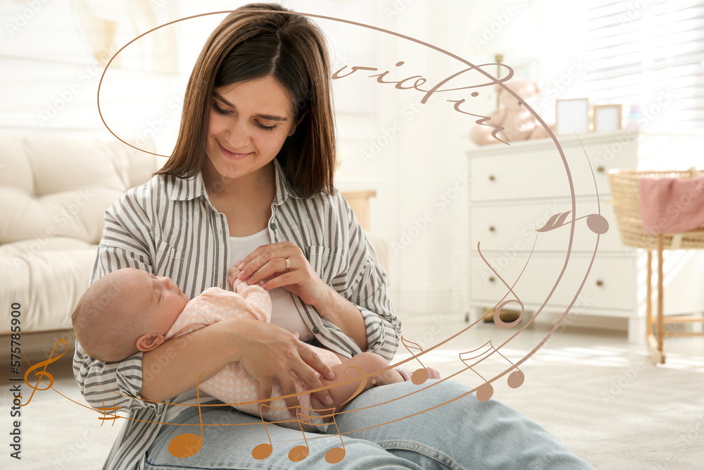 Mother singing lullaby to her baby at home. Music notes illustrations ...