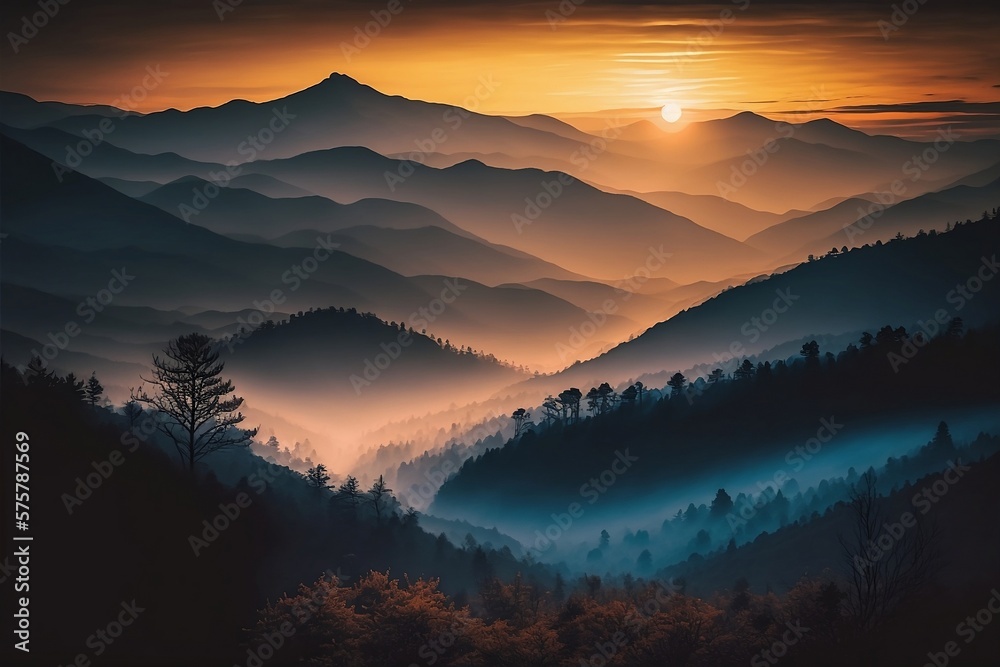 Americana sunset over the smoky mountains in ai art computer wallpaper ...