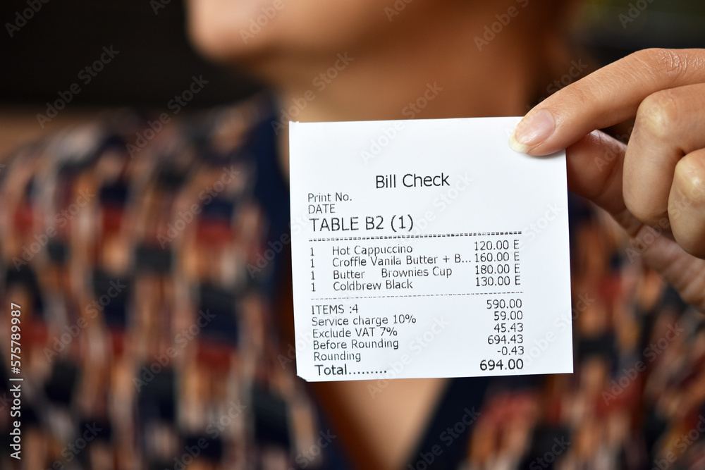 Check list food and beverage bill with service charge and VAT. Stock ...