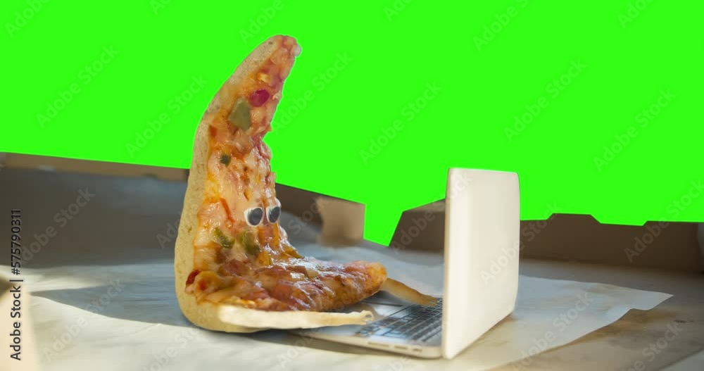 Live pizza, pizza animated character with eyes using laptop, notebook ...