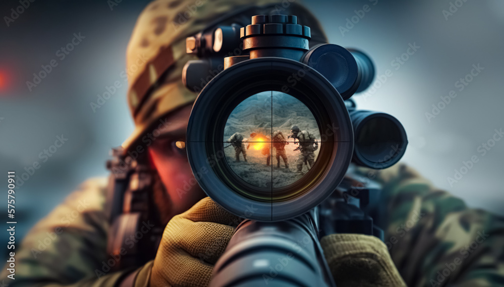 Sniper in which aiming from his rifle. sniper during the military operation. rifle target view ...