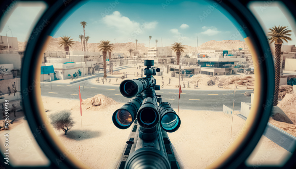 Rifle target view on war zone Background. A shooter sighting in the ...