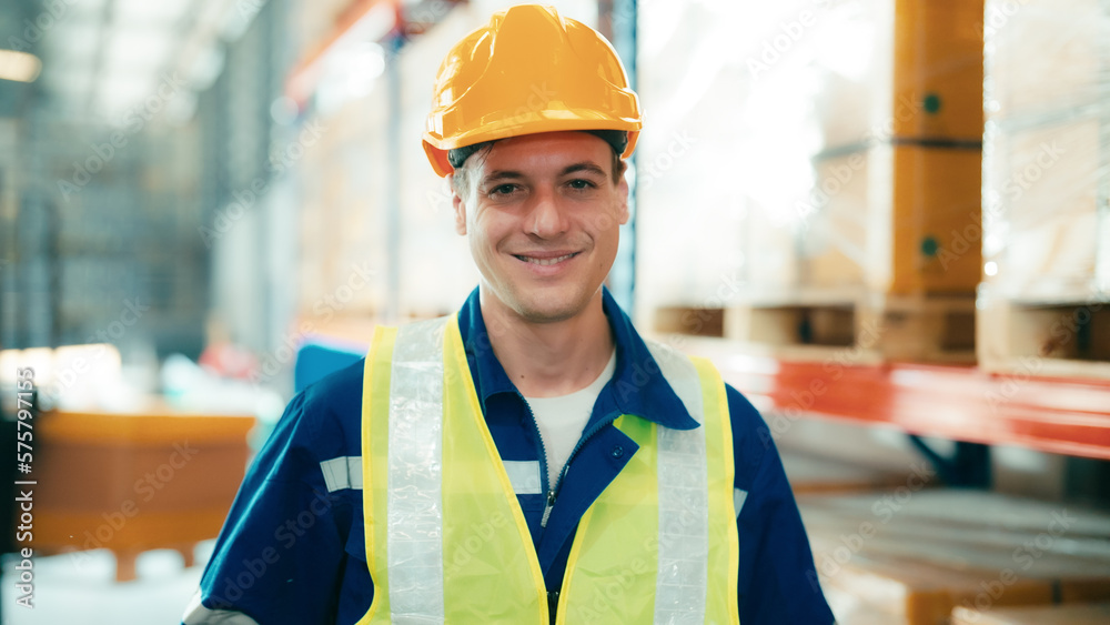 Handsome man and happy professional worker wearing safety vest and hard ...