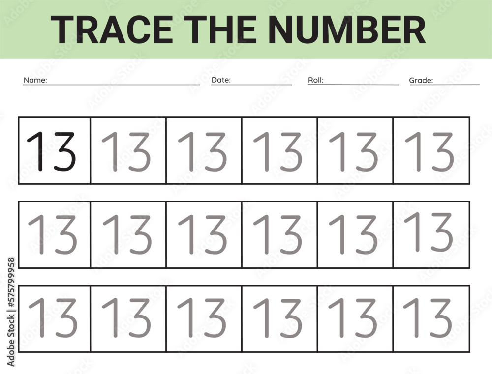 Number 13. card for kids learning to count and to write, worksheet for ...