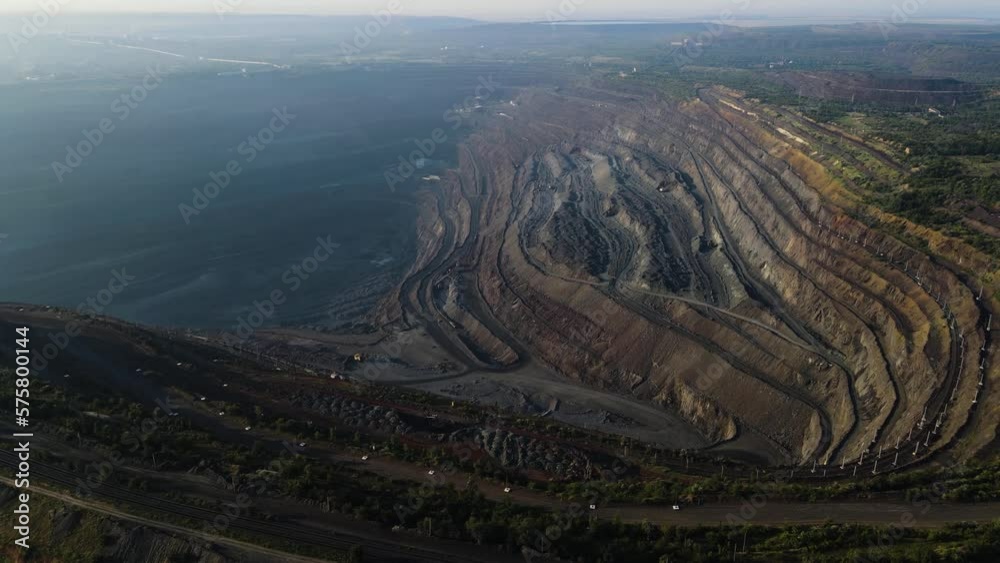 Panorama aerial view shot open pit mine coal mining, dumpers, quarrying ...