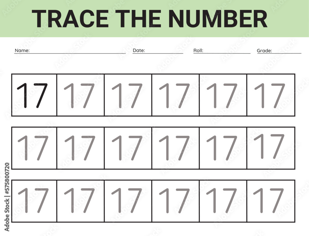 Number 17. card for kids learning to count and to write, worksheet for ...