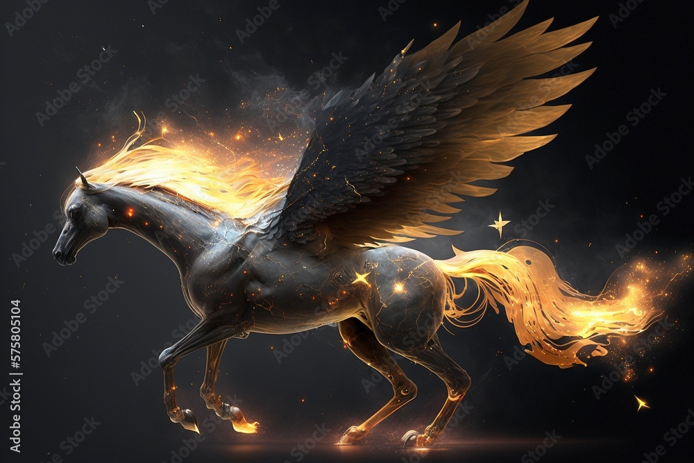 Pegasus in the galaxy with golden light particles and swirling fire ...
