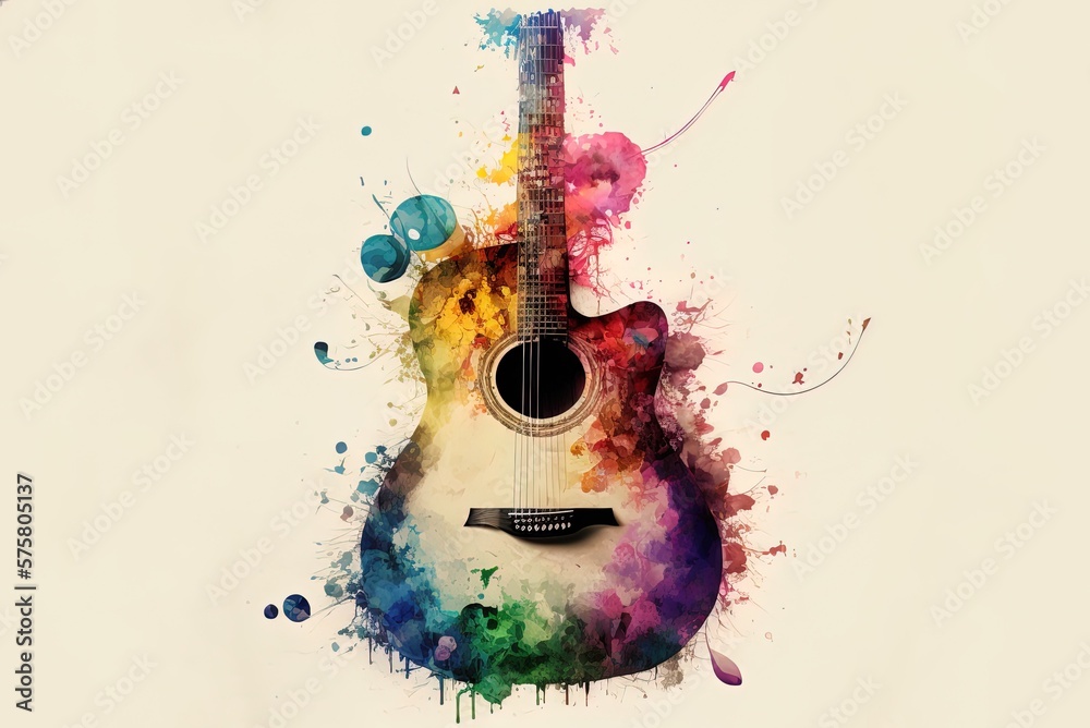 Acoustic guitar drawing with multicolored paint splatters on white ...
