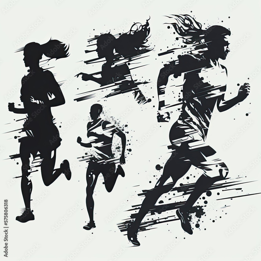 set of running men and women, silhouettes, vector, white background ...