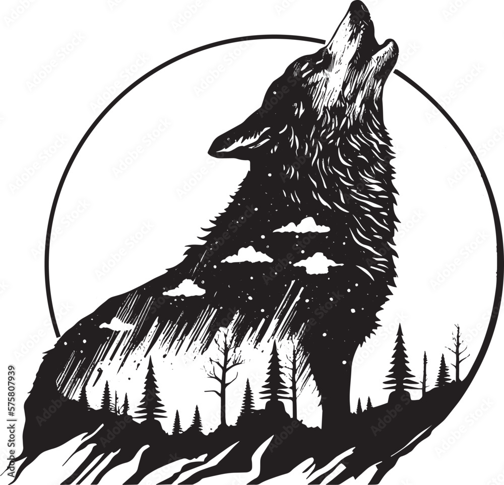 howling wolf illustration, howling wolf vector, howling wolf, black and ...