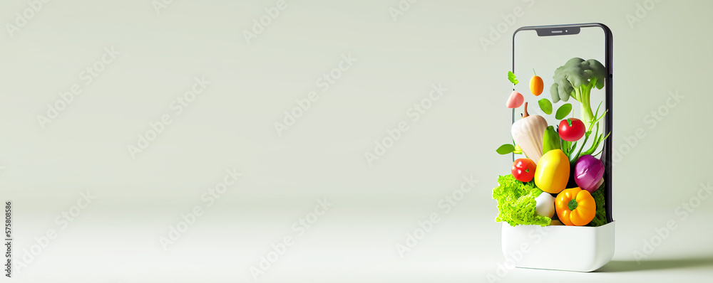 Fresh vegetables and food delivery from mobile phone on isolated ...