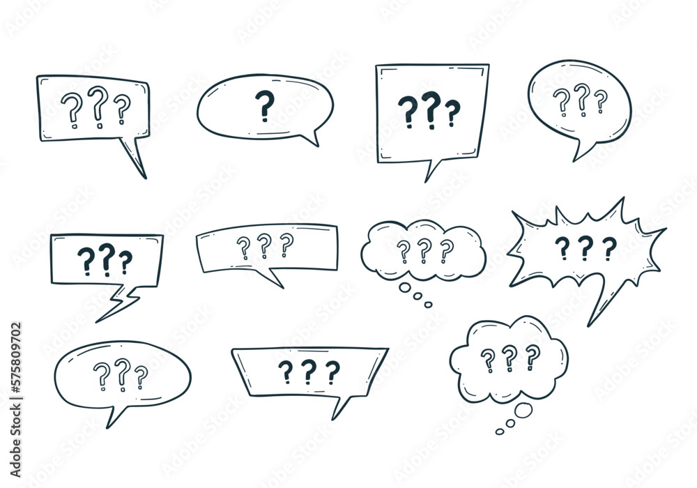 set of bubble speak doodle with question mark symbol of confusion ...