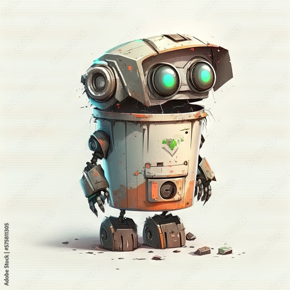The cute AI robot was shaped like a trash can, with a round body and a ...